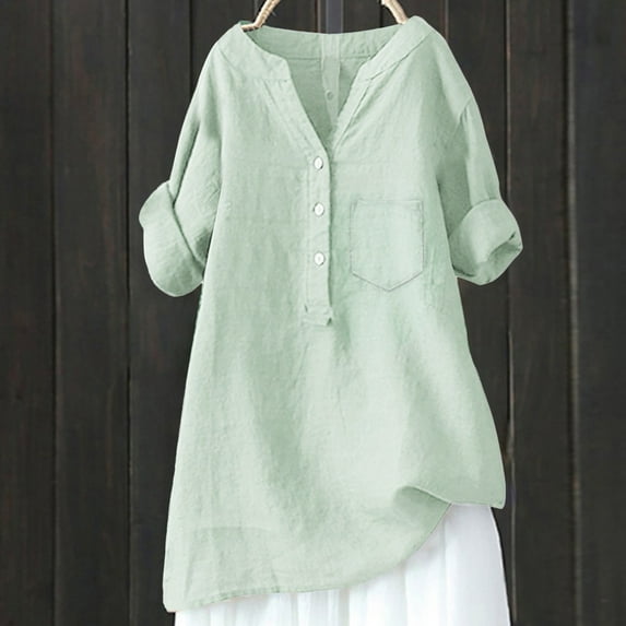 Green Short Sleeve Shirts for Women Loose Button Shirt Top Stand Solid ...