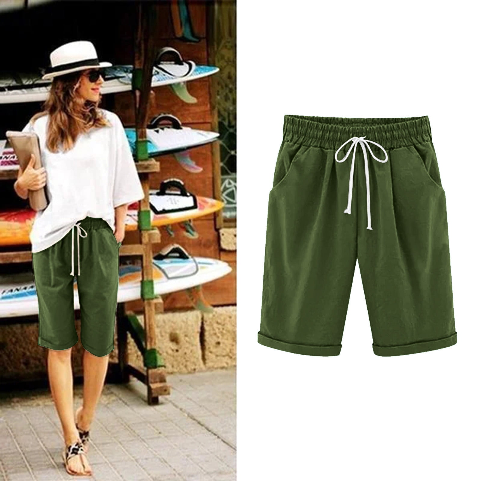 Green Shorts for Women Ladies Casual Pocket Thin Outer Wear Elastic ...