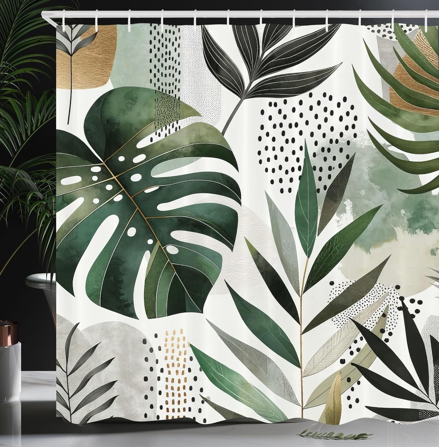 Green Shower Curtain, Boho Urban Jungle Leaves with Watercolor Look ...