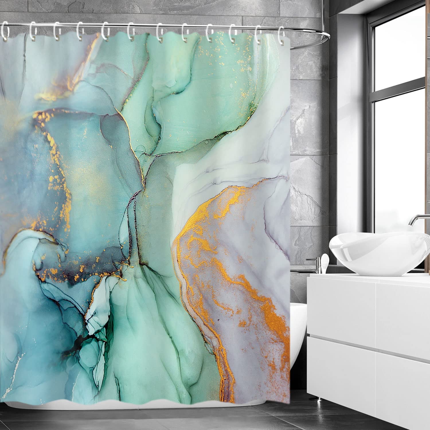 Green Shower Curtain, Marble Shower Curtains Set with 12 Hooks, Green ...