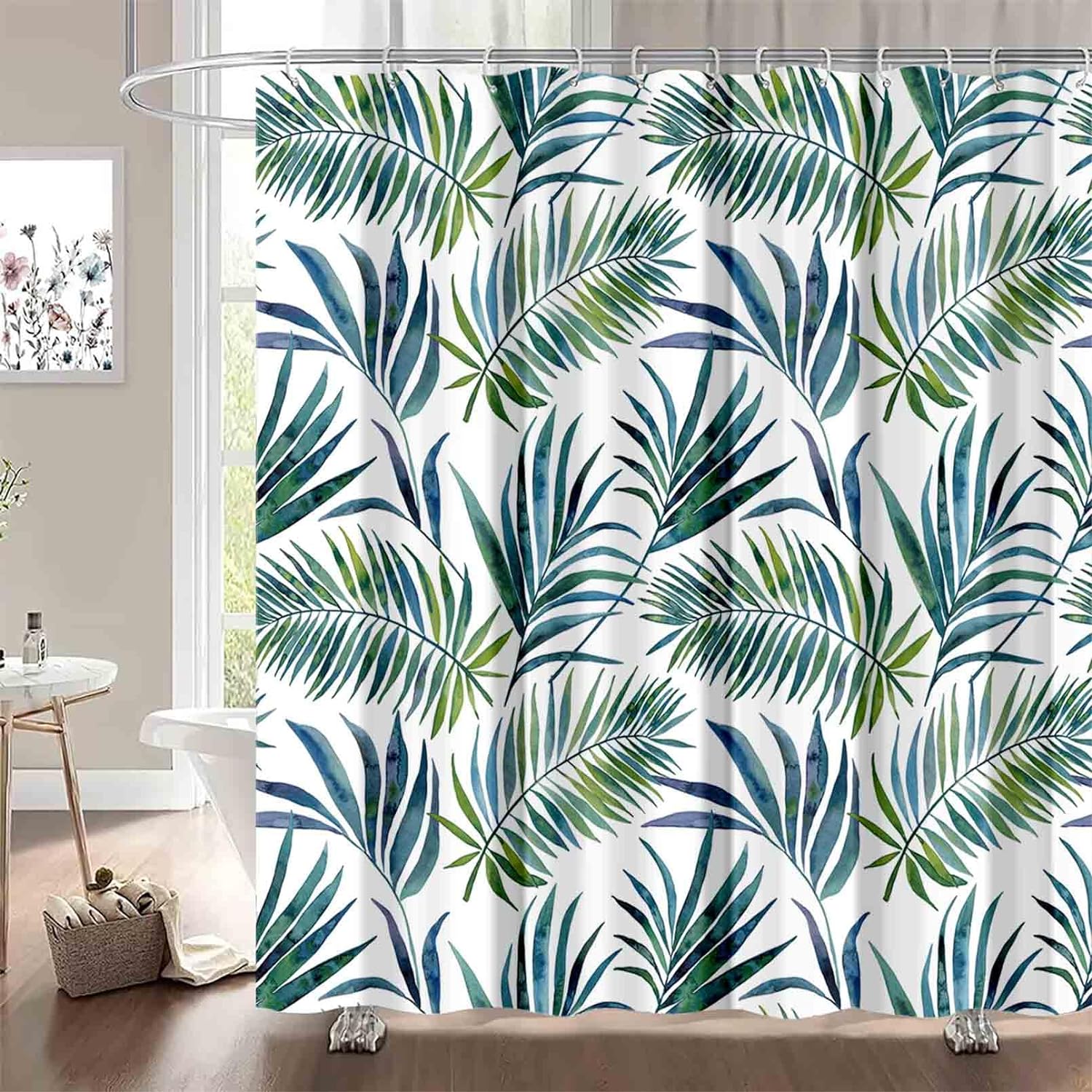 Green Shower Curtain for Bathroom, Neutral Tropical Blue Green Leaf ...