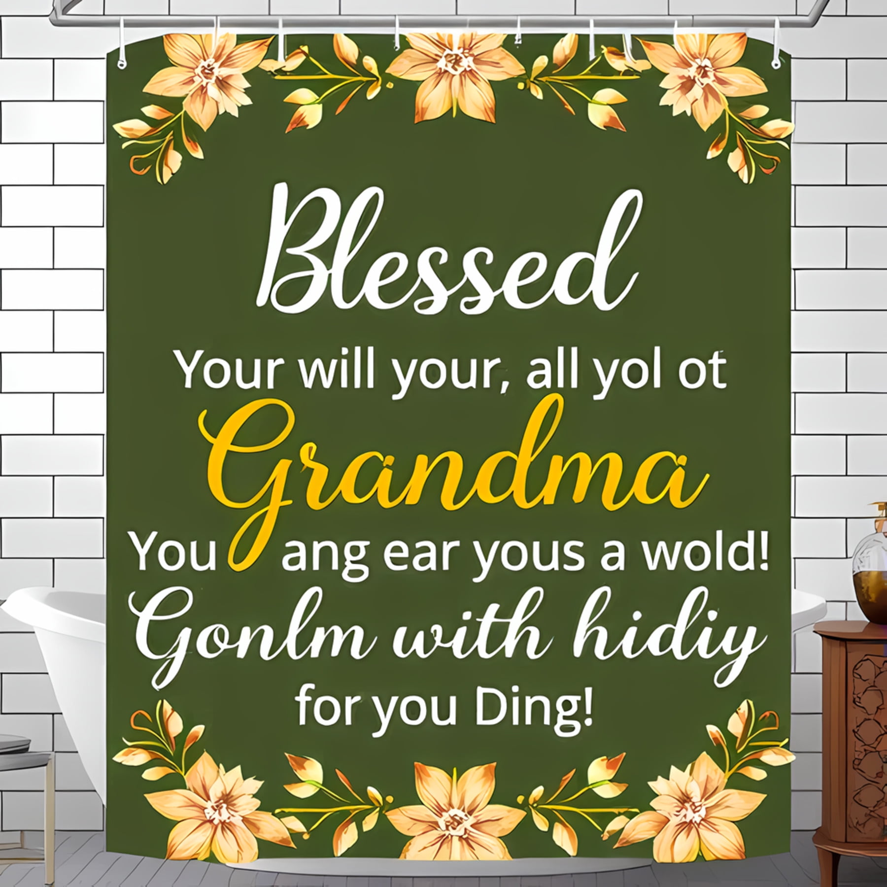 Green Shower Curtain with Floral Border & Heartwarming Message for ...