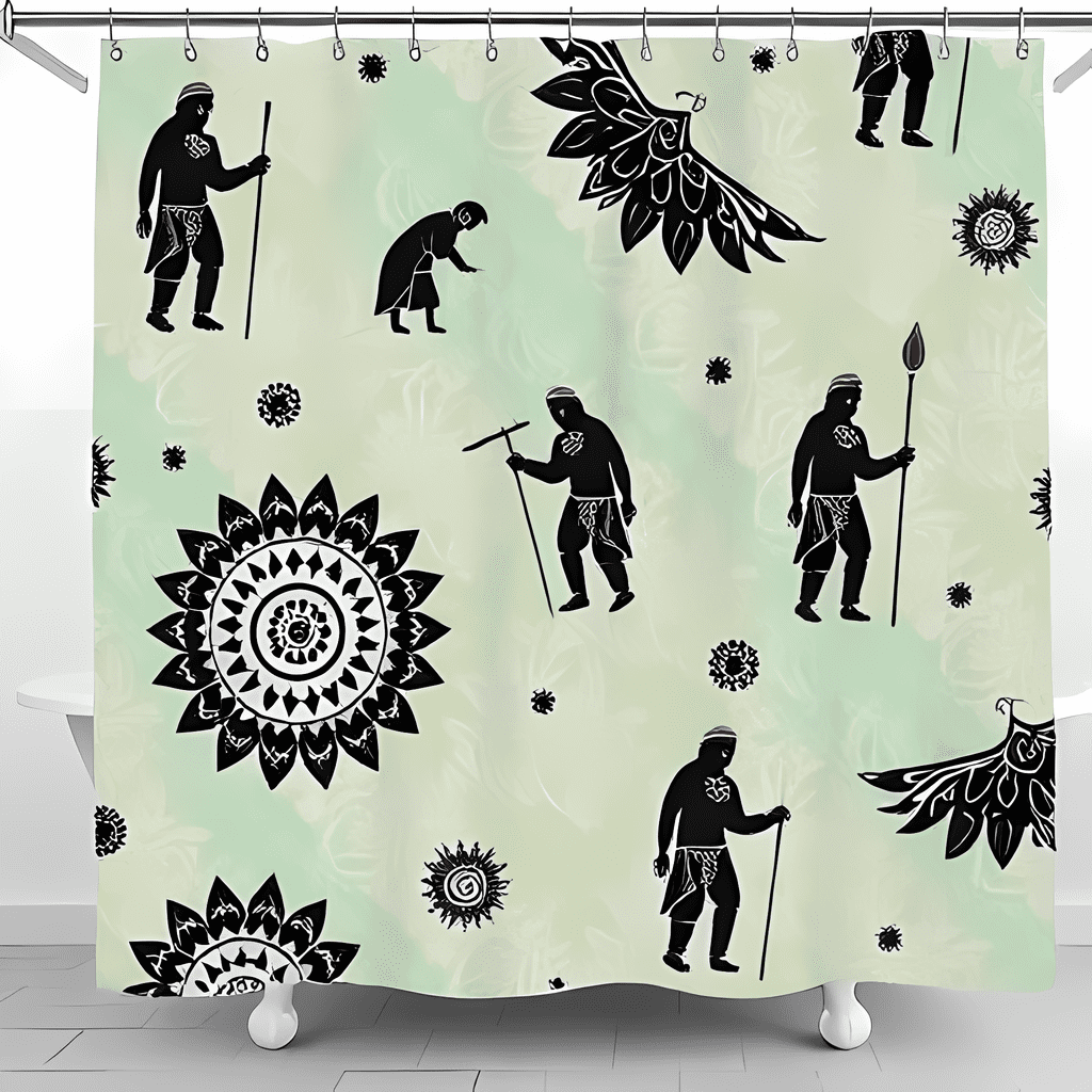 Green Shower Curtain with Indigenous Figures & Patterns - Vintage Folk Art Design - Walmart.com
