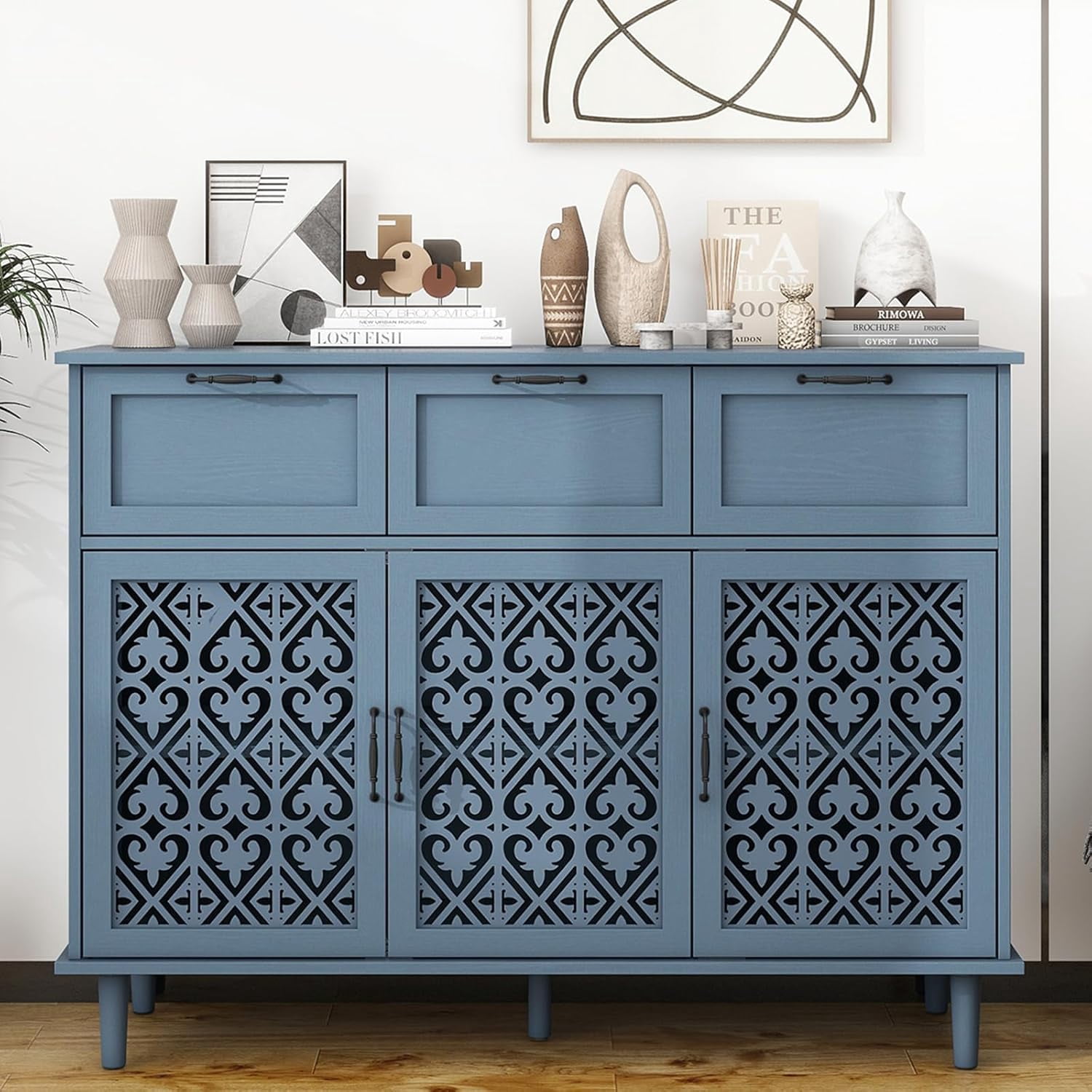 Green Sideboard Buffet Cabinet with Storage - Hollow Carved 3 Door 3 ...