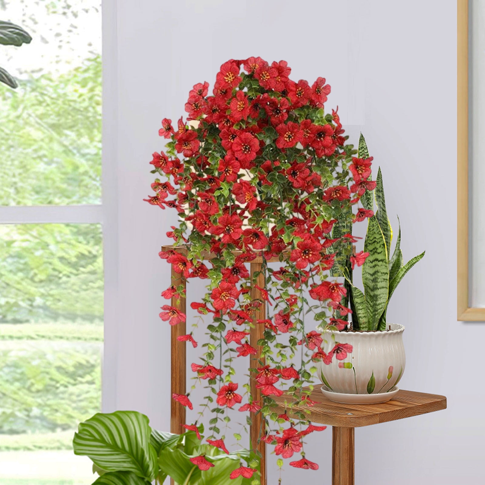 Green Silk Flower Wall Hanging with Rattan Basket, Low Maintenance ...