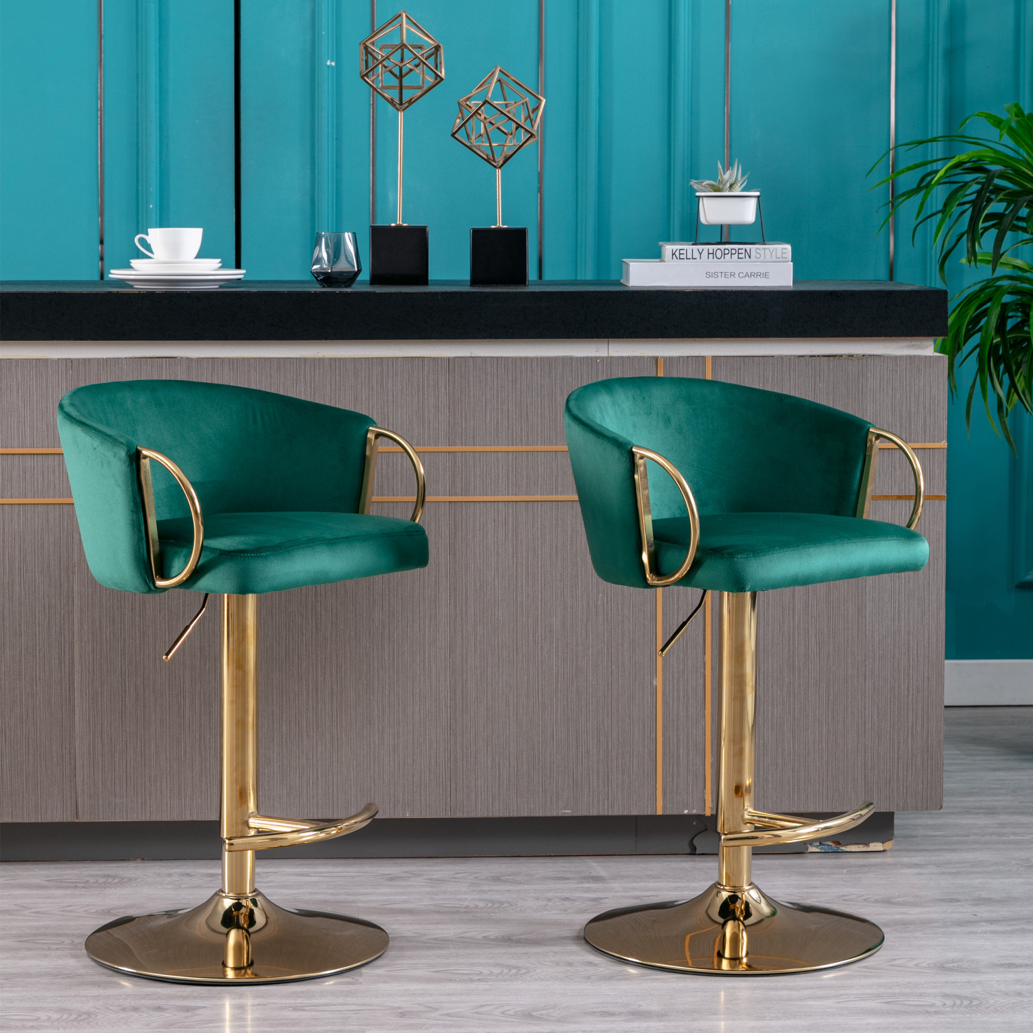 Green Simple Bar Stool with Velvet Upholstery Height Adjustable Swivel ...