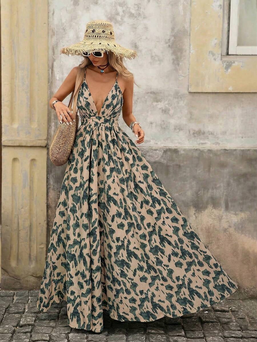 Green Sleeveless V-Neck Maxi Dress With Abstract Leaf Print, Boho ...