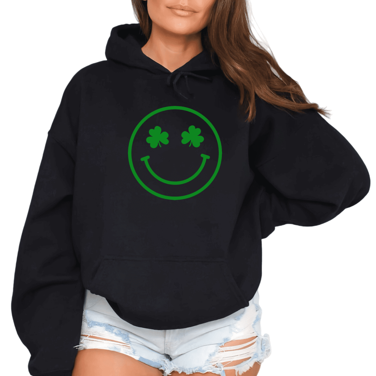 Green Smiley Face Shamrock Print hoodie Graphic Sweatshirt Black S-2XL ...