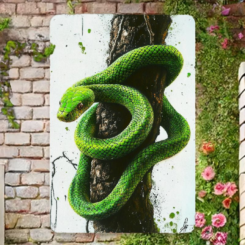 Green Snake Coiled Around A Tree Branch. Retro Metal Tin Sign Vintage ...