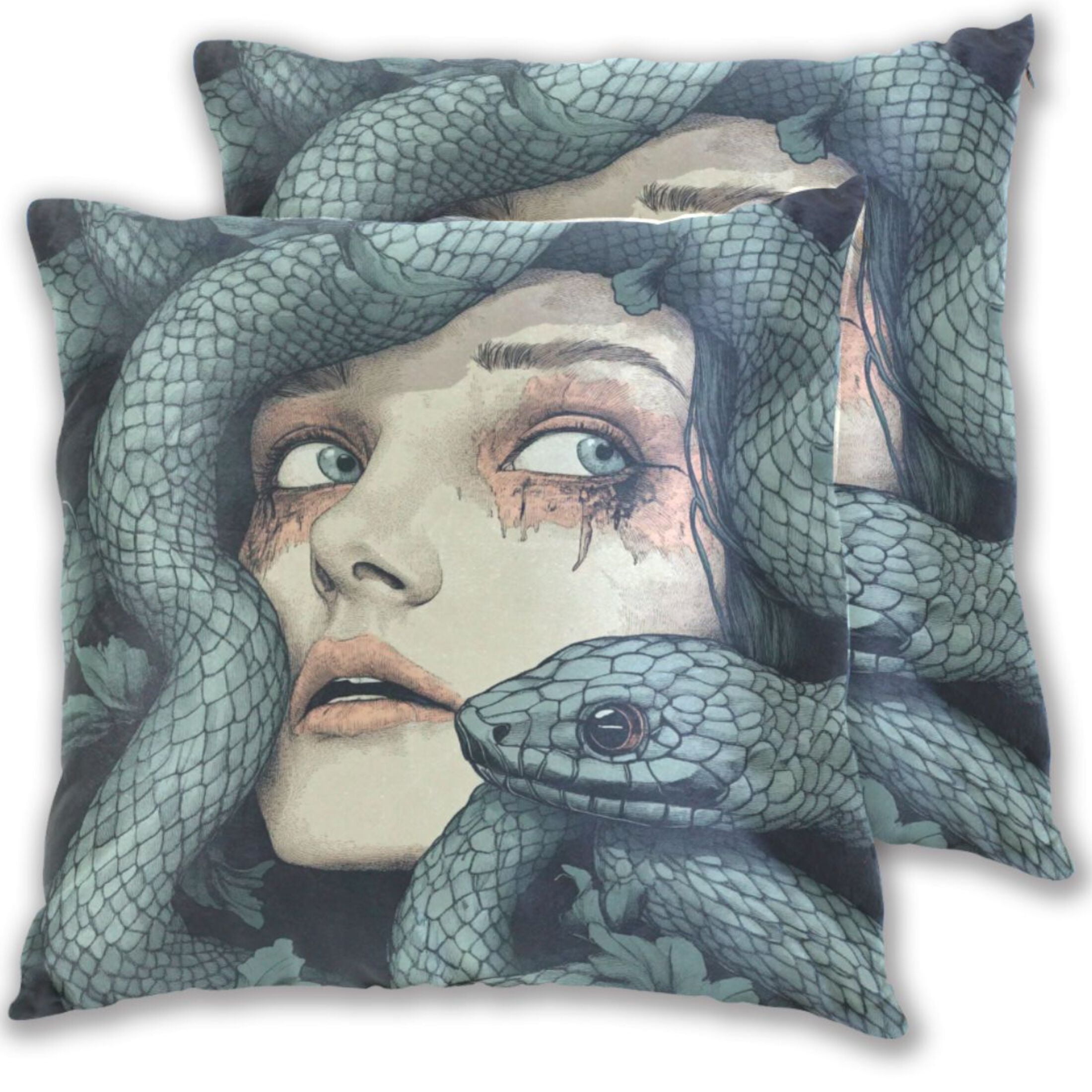 Green Snake and Girl Throw Pillow Covers 16x16 Inch 2 Packs Decorative Square for Living Room ...