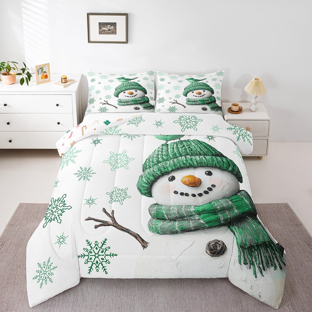 Green Snowman Twin Comforter Set, Kawaii Snowflakes Winter Bed Set For ...