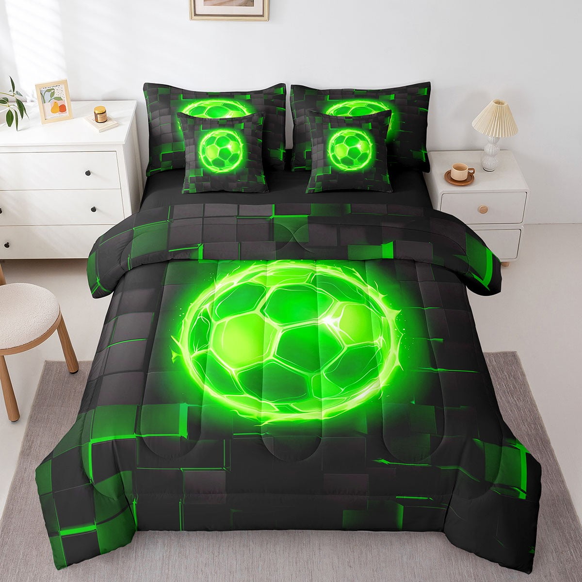 Green Soccer King Comforter Set - Neon 3D Grid 7 Piece Kids Bedding All ...