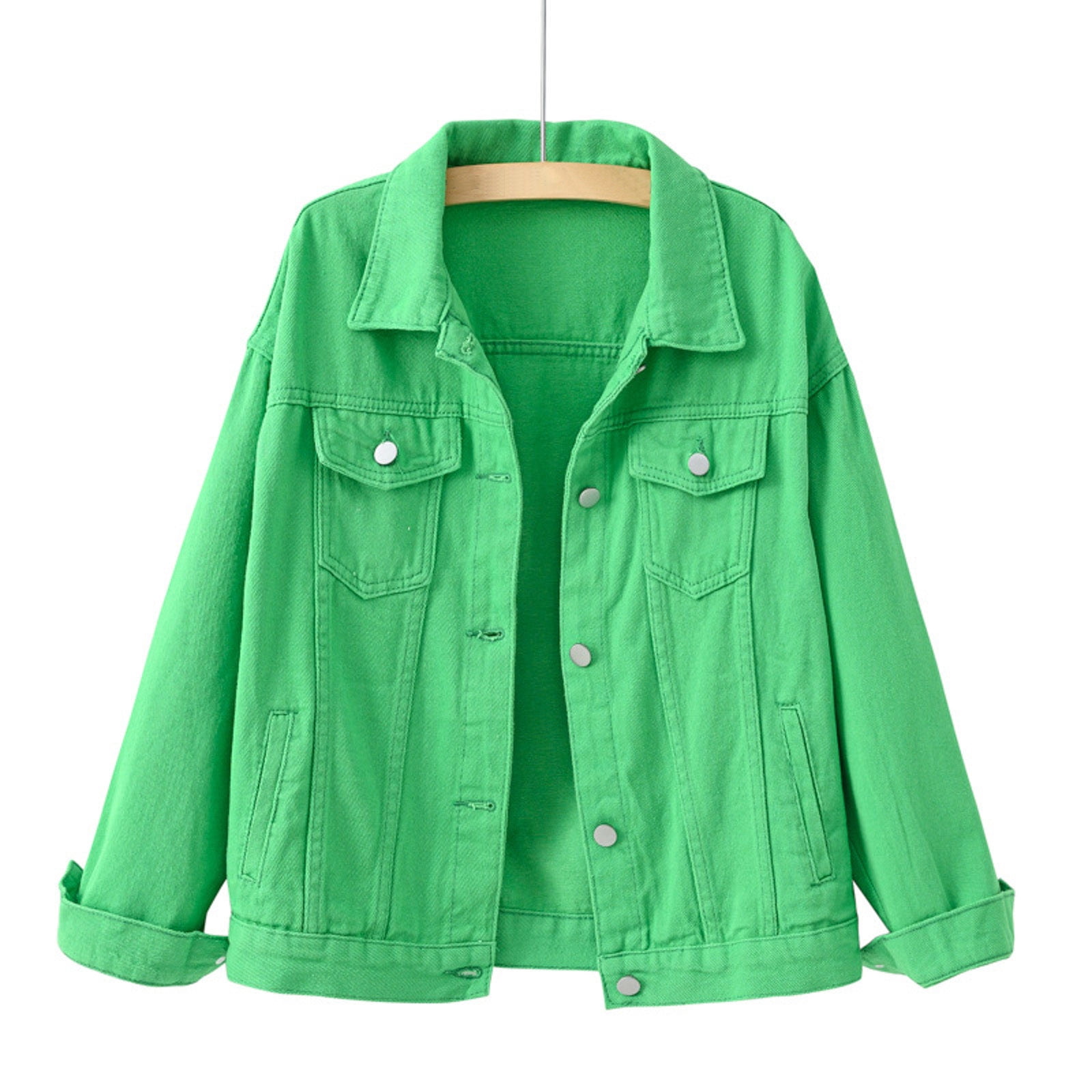 Green Solid Color Jackets, Denim Long Sleeve Jacket, Womens Candy Color ...