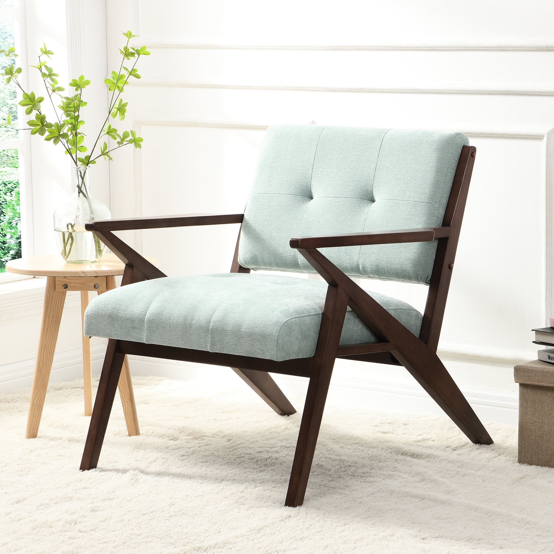 Green Solid Wood Chair - Sleek Armrests & Angled Legs - Living Room ...