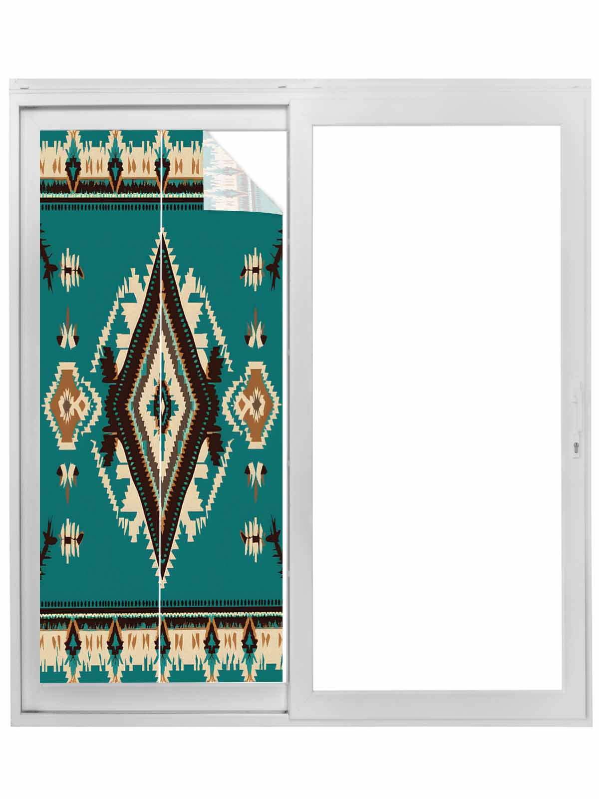 Green Southwestern Window Privacy Film, Vintage Boho Ethnic Geometric ...