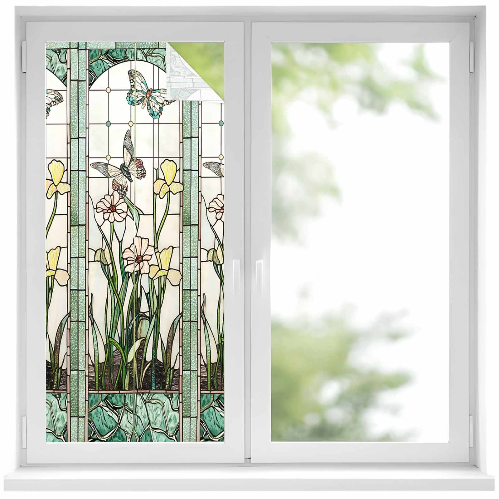 Green Spring Botanical Window Privacy Film, Summer Butterfly Vintage ...