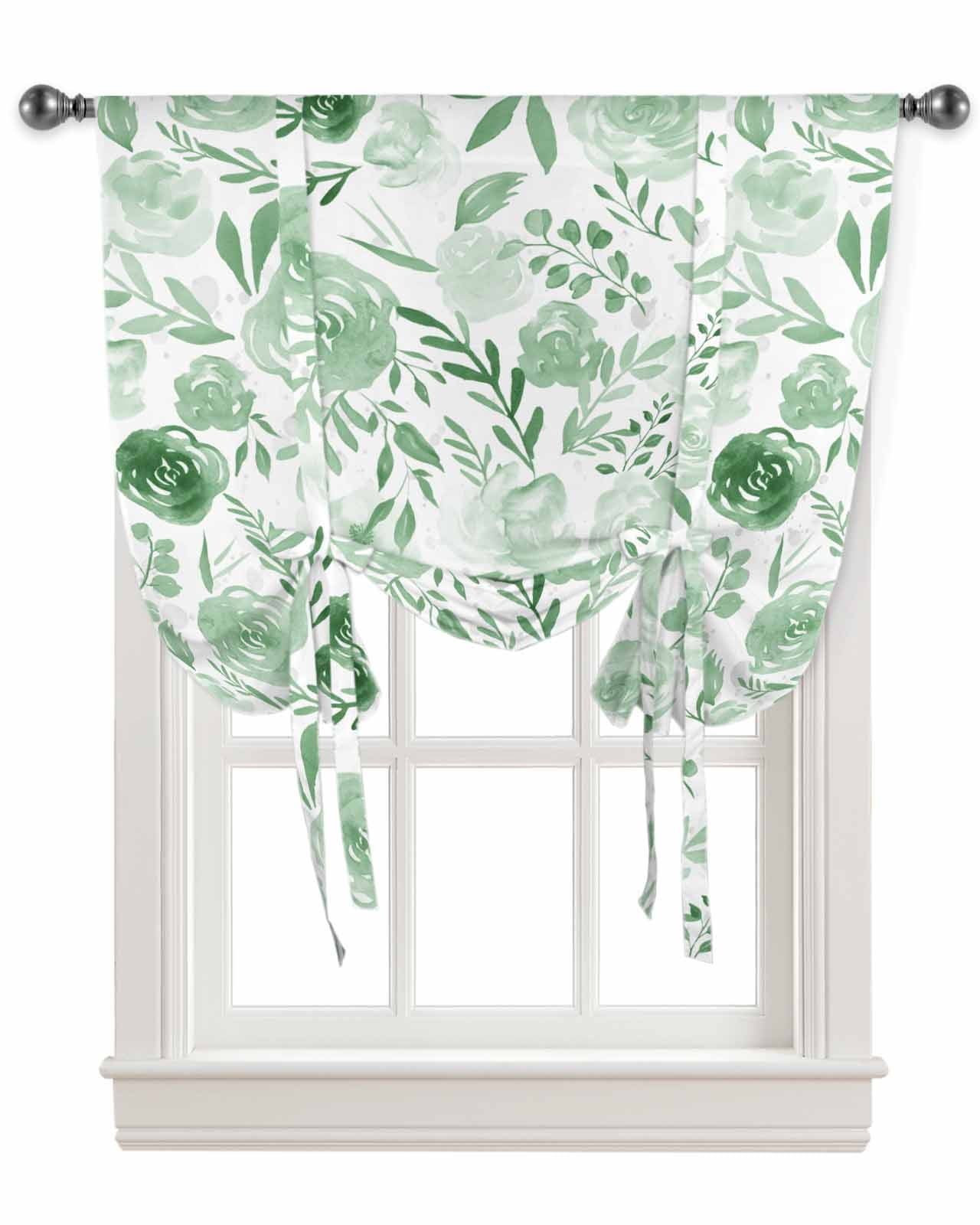 Green Spring Floral Botanical Tie Up Curtains for Kitchen Bathroom ...