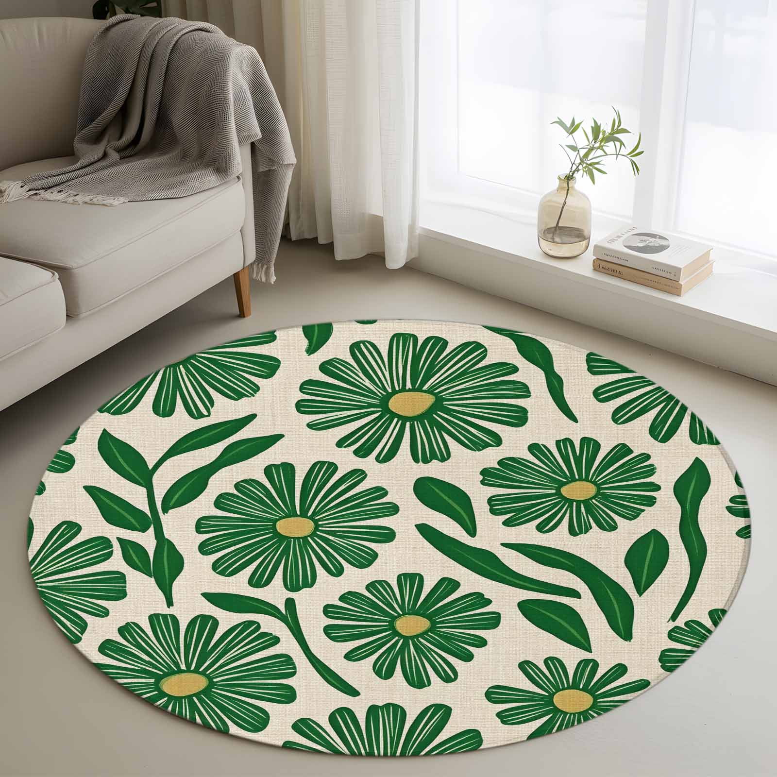 Green Spring Floral Round Rug 3ft Washable Circle Entryway Rugs Non ...