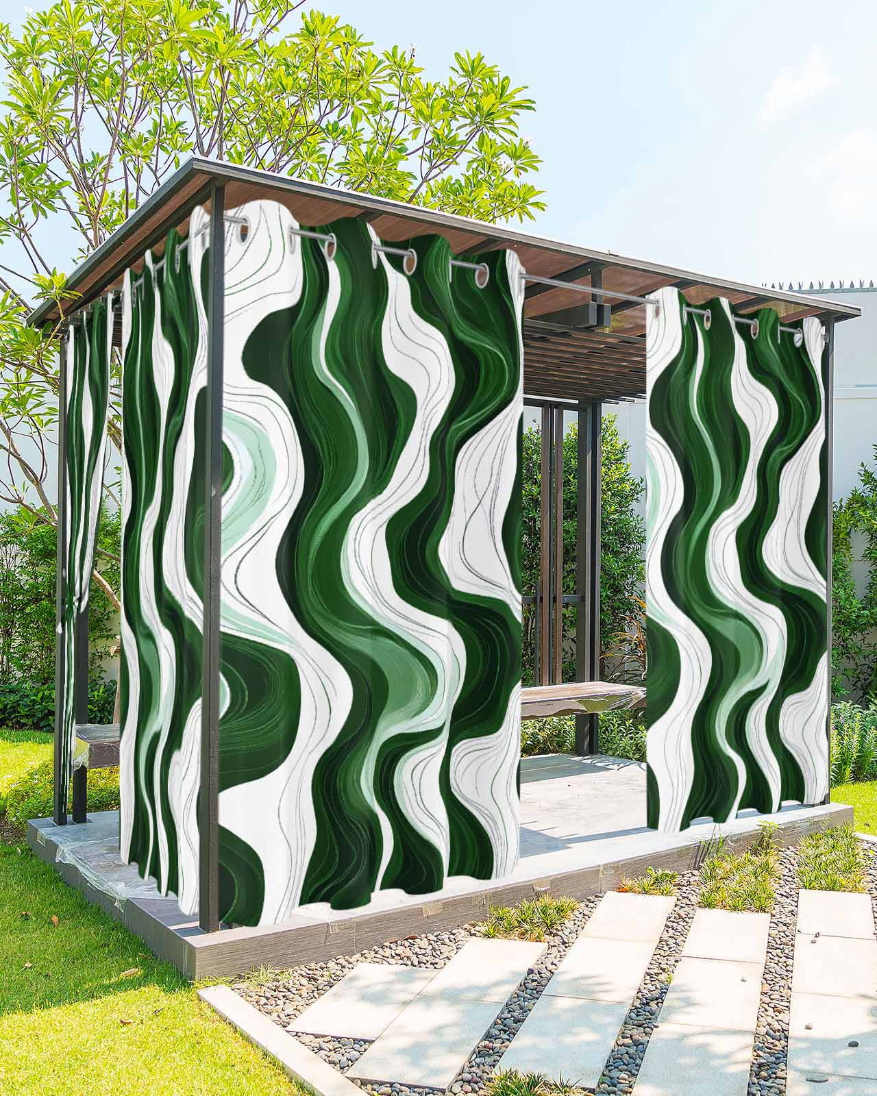 Green Stripe Outdoor Curtains for Patio Waterproof, Geometric White ...