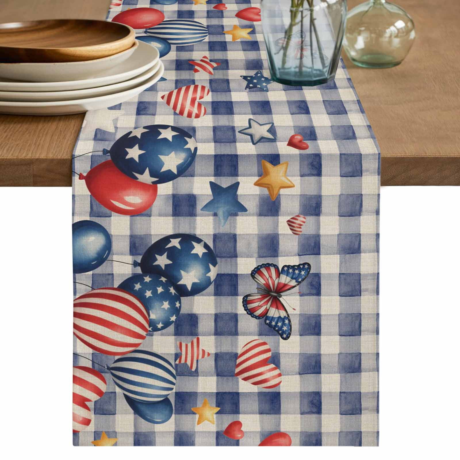 Independence Day Table Runner 72 Inches, Flag Balloons Butterflies Blue ...