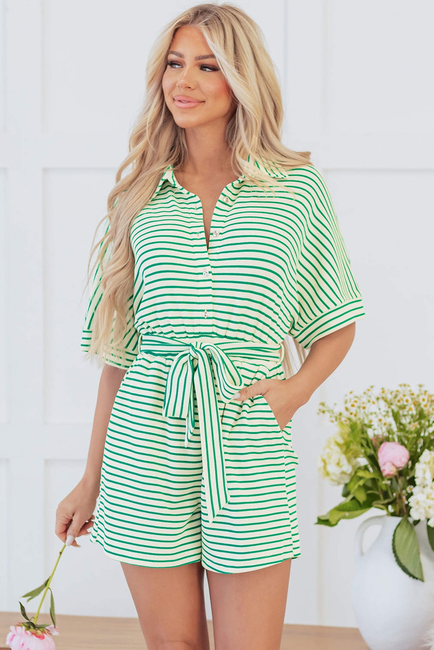 Green Stripe Textured Short Sleeve Collared Buttoned Waist Tie Romper ...