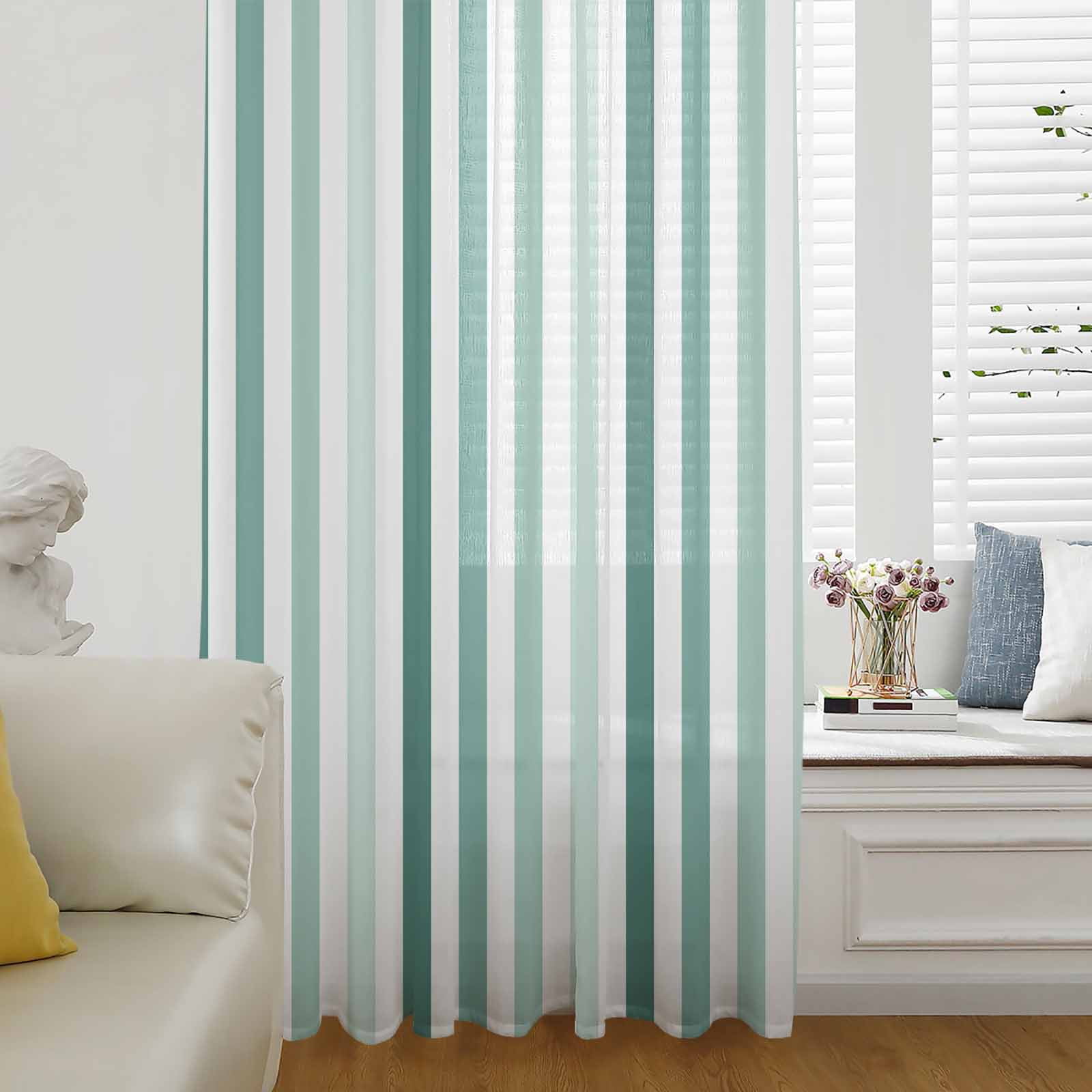 Green Stripe Window Curtain 45 Inches Long,Gradient Geometric White ...