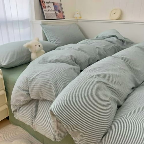 Green Striped Duvet Cover King Size - 100% Washed Cotton Pinstripe ...