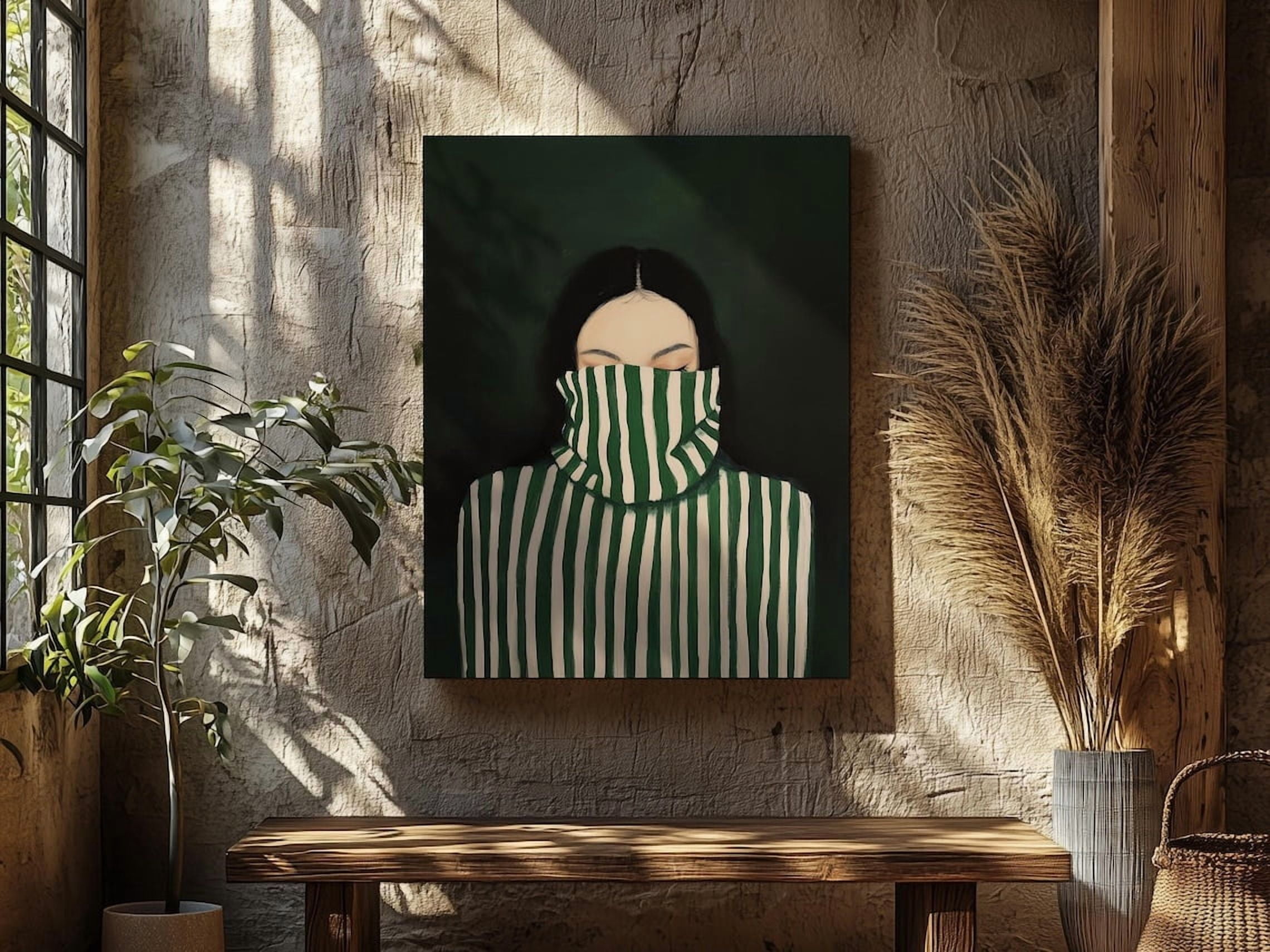 Green Striped Portrait Poster Wall Art, Scandinavian Abstract Face ...