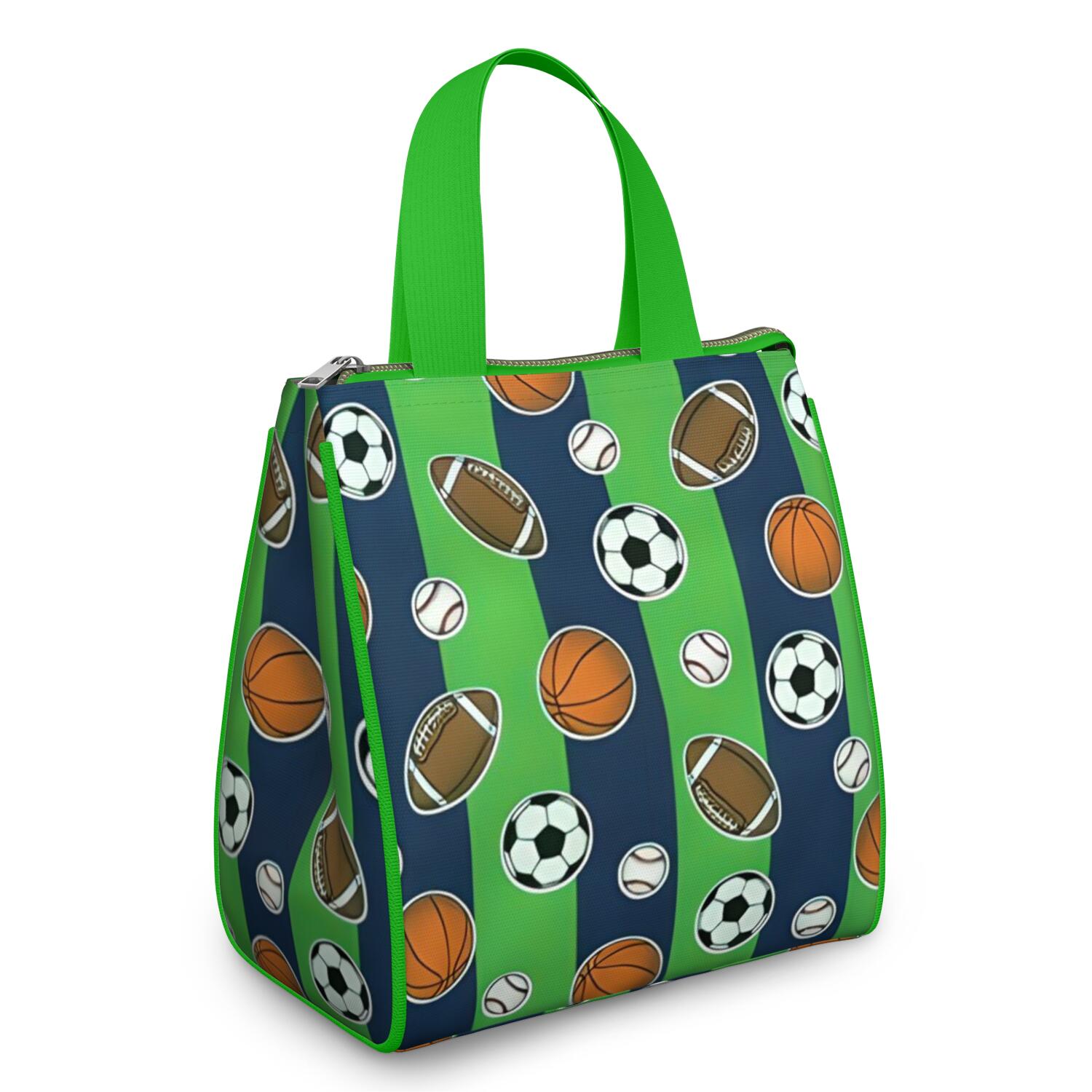 Green Striped Sports Balls Pattern Insulated Lunch Bag for Women ...