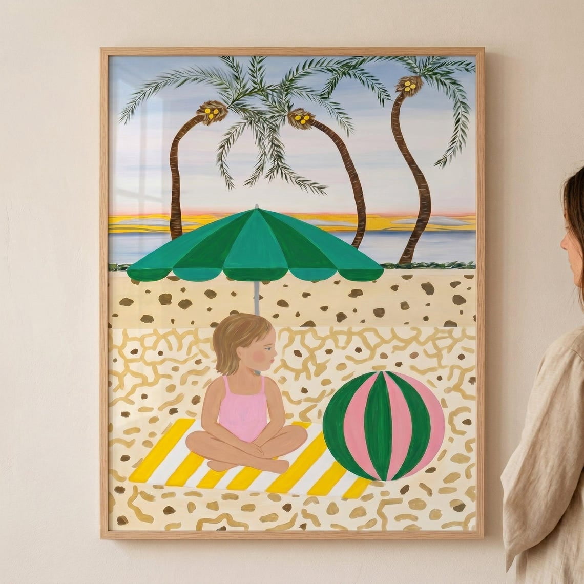 Green Striped Umbrella Girl Wall Art Print, Tropical Beach Nursery ...