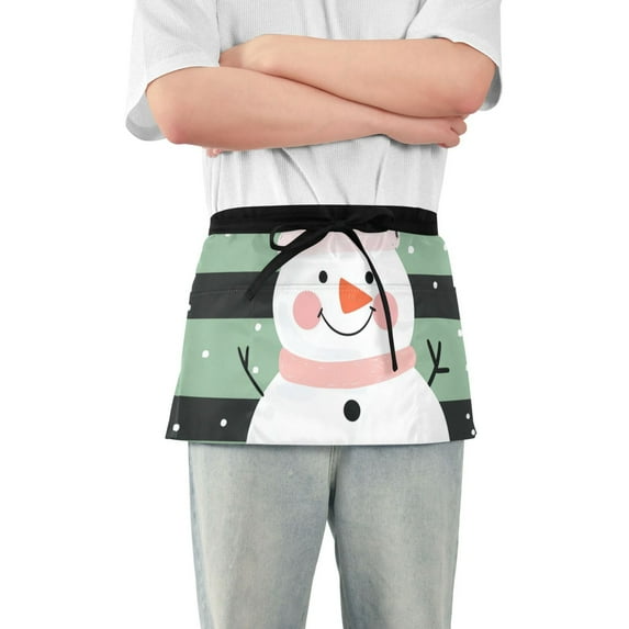 Green Stripes Snowman Wear Hat Short Server Apron with 3 Pockets for ...