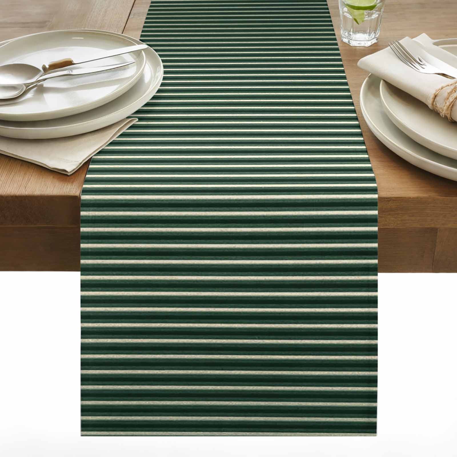 Green Stripes Table Runner 13x60 inch Texture Cotton Linen Dining Table ...