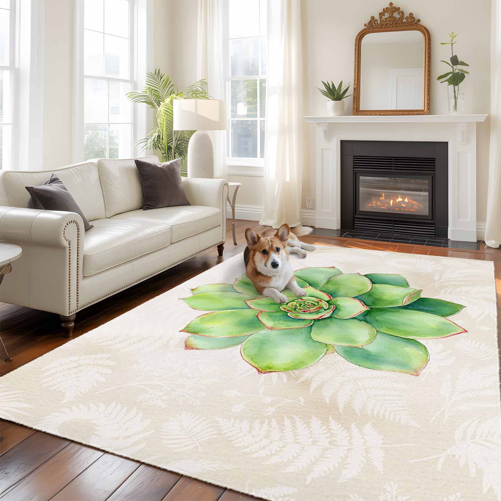 Green Succulent Large Area Rugs 8x10 ft Green Leaves Plants Abstract ...