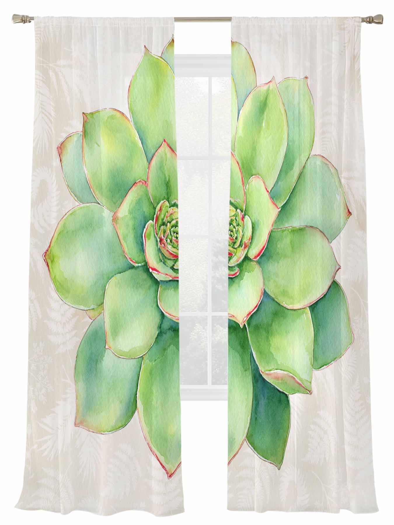 Green Succulent Sheer Curtains 108 Inch Long 2 Panels, Green Leaves ...