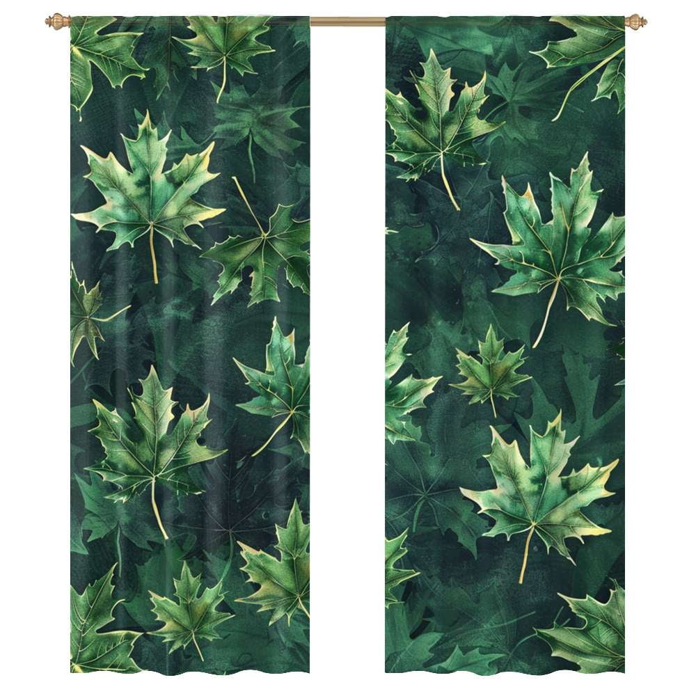 Green Summer Leaves Maple Leaf Modern Tulle Window Curtains for Living ...
