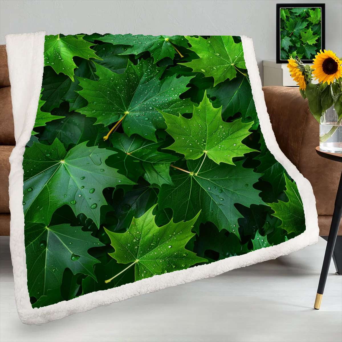 Green Summer Leaves Maple Leaf Sherpa Blanket Throw Blanket For Bed Chair Sofa Blanket For Women ...