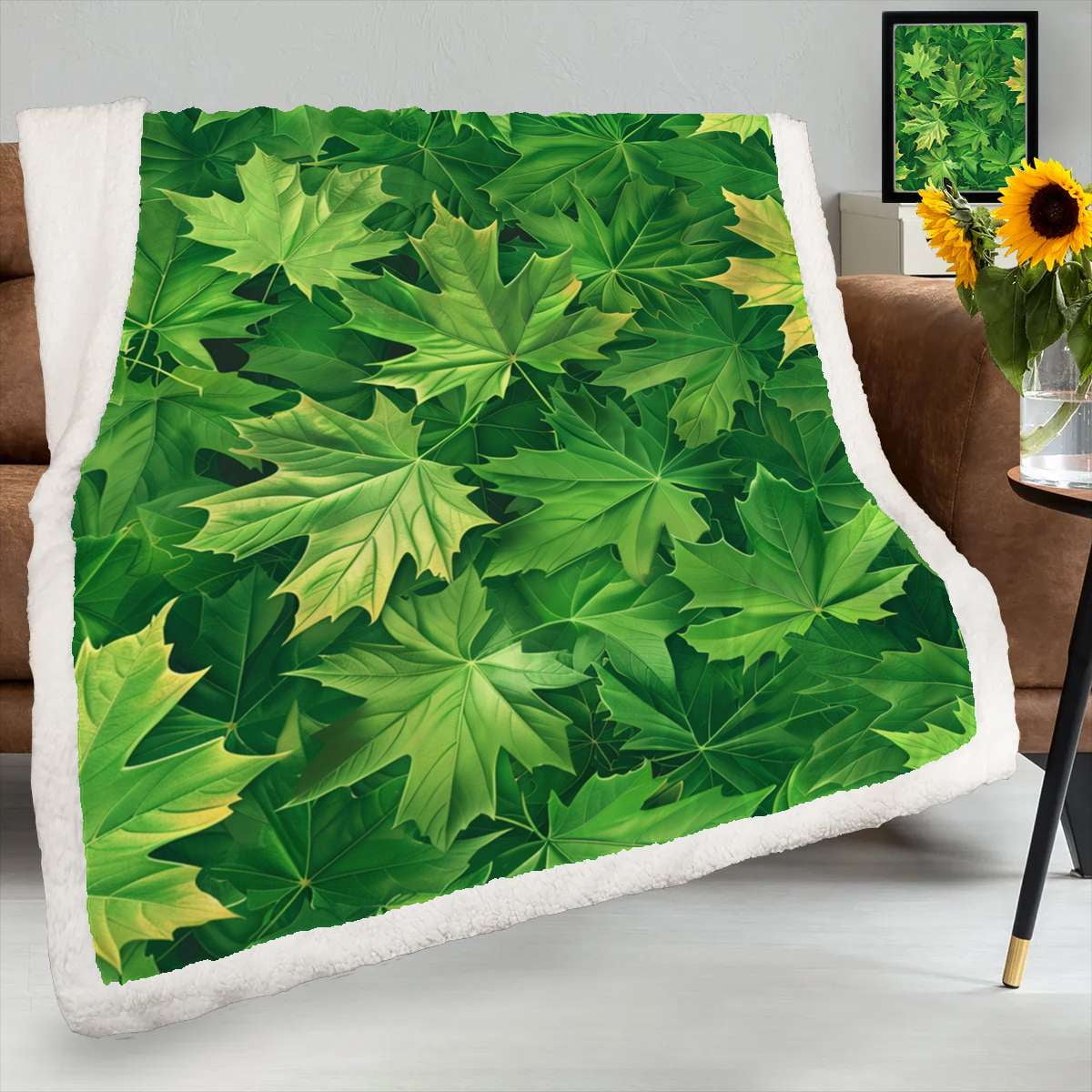 Green Summer Leaves Maple Leaf Sherpa Blanket Throw Blanket For Bed Chair Sofa Blanket For Women ...