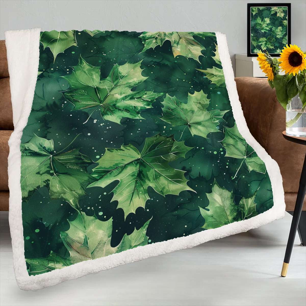 Green Summer Leaves Maple Leaf Sherpa Blanket Throw Blanket For Bed Chair Sofa Blanket For Women ...