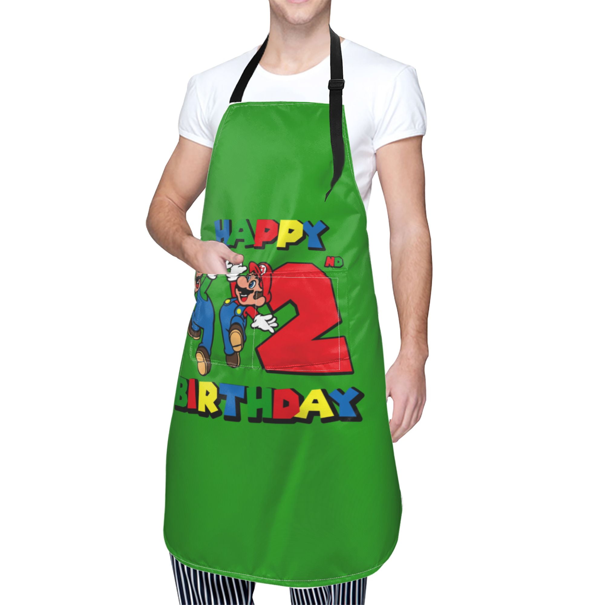Green Super Mario Happy Birthday 2nd Waterproof Apron with 2 Pockets for Men Women, Adjustable ...