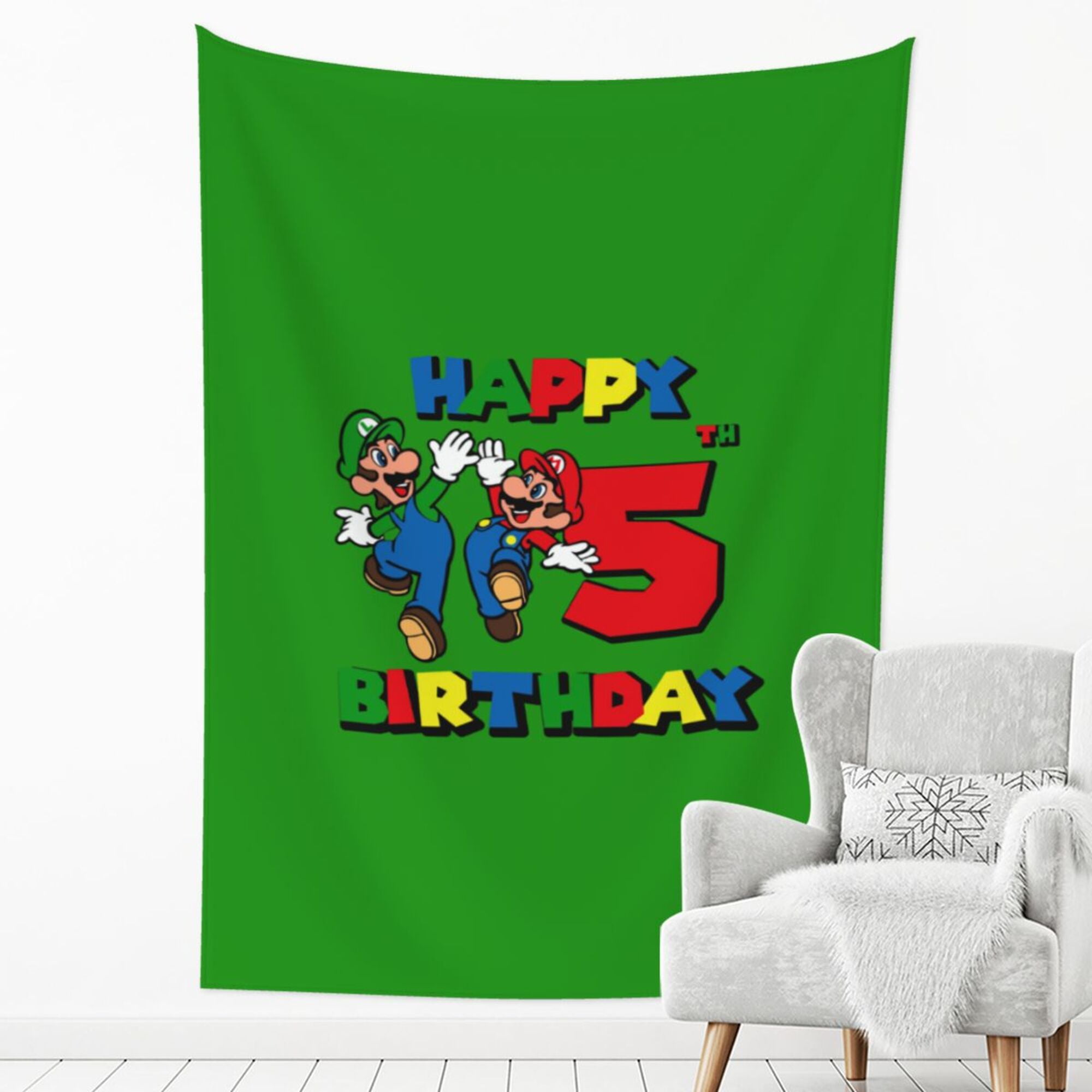 Green Super Mario Happy Birthday 5th Tapestry Aesthetic Cute Room Decor ...