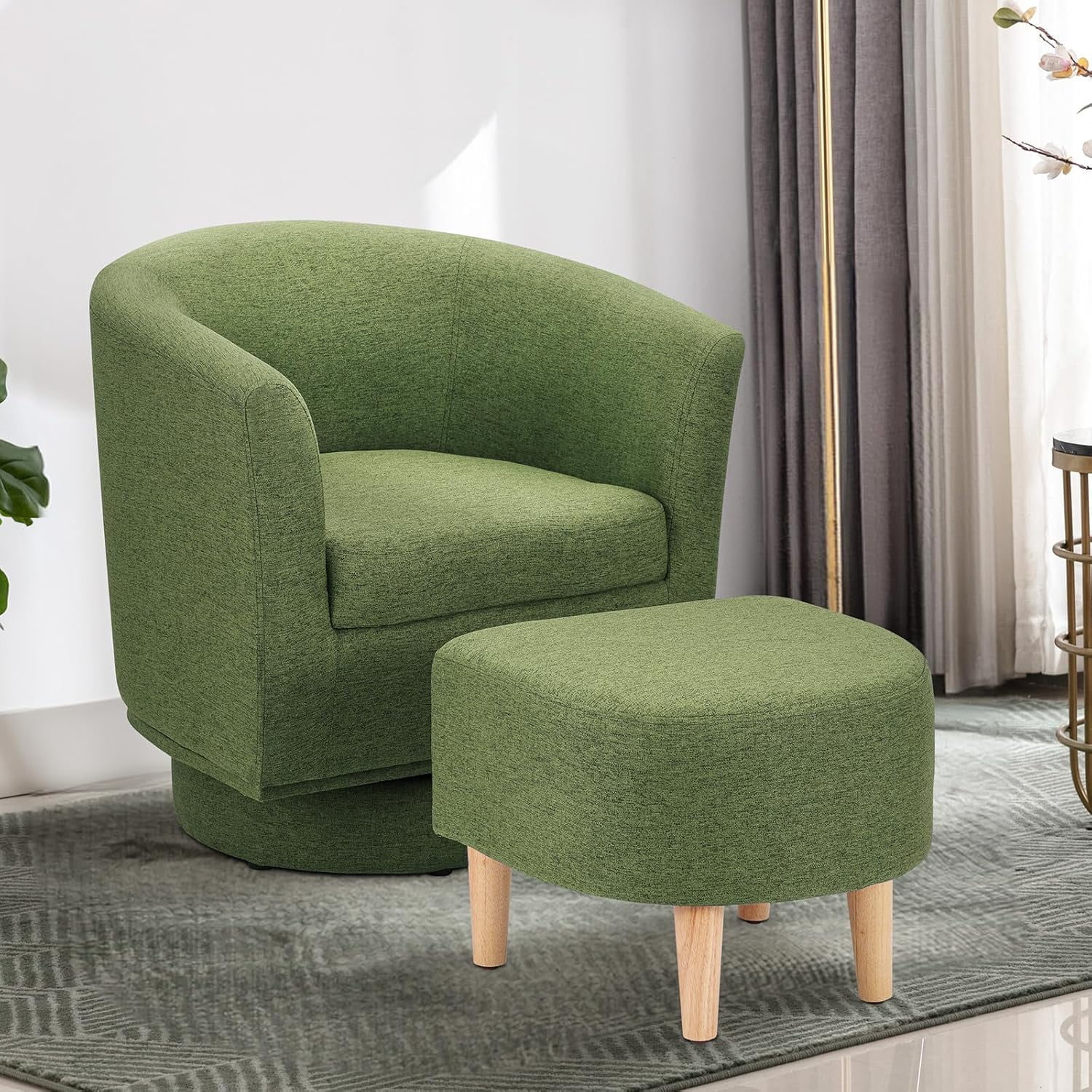 Green Swivel Accent Chair with Ottoman, Barrel Armchair for Small ...