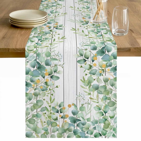 Green Table Runner - 60 Inch Long Eucalyptus Leaves Cotton and Linen ...