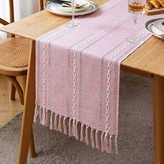 Green Table Runners Boho Rustic Tassels Farmhouse Braided Striped ...