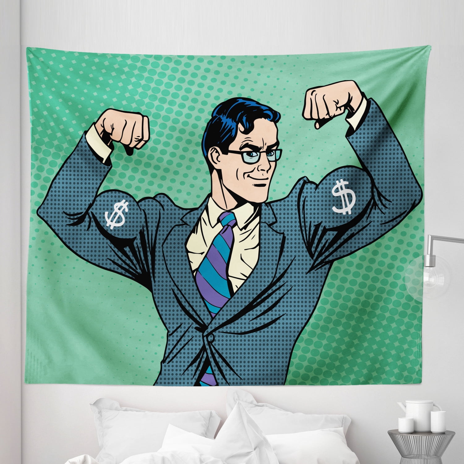 Green Tapestry, Pop Art Retro Style Manly Businessman with Currency ...