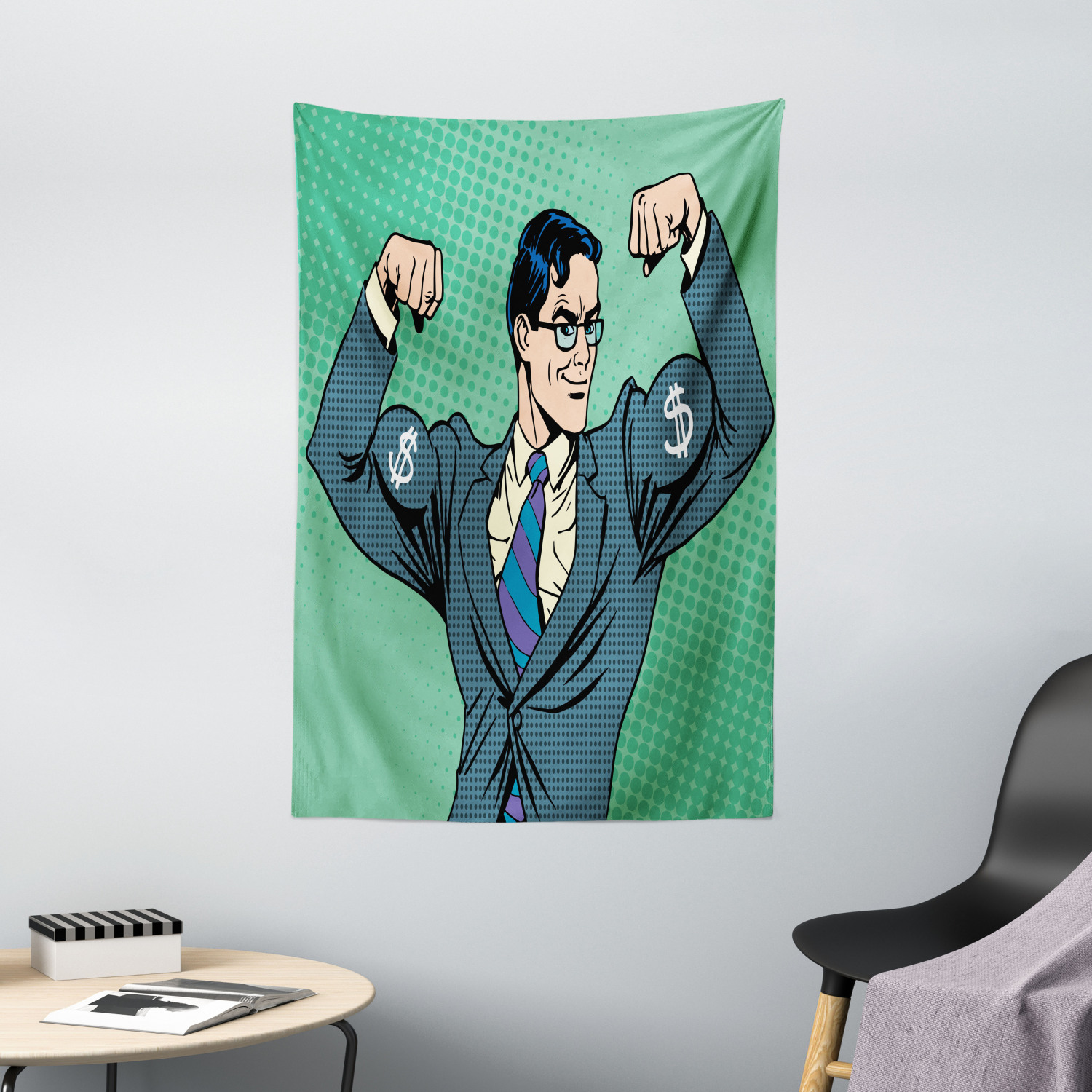Green Tapestry, Pop Art Retro Style Manly Businessman with Currency ...