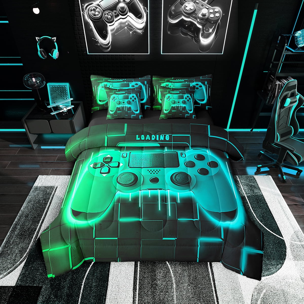 Green Teal Gaming 7 Piece Comforter Set Full Bed in a Bag,Gamer Bedding ...