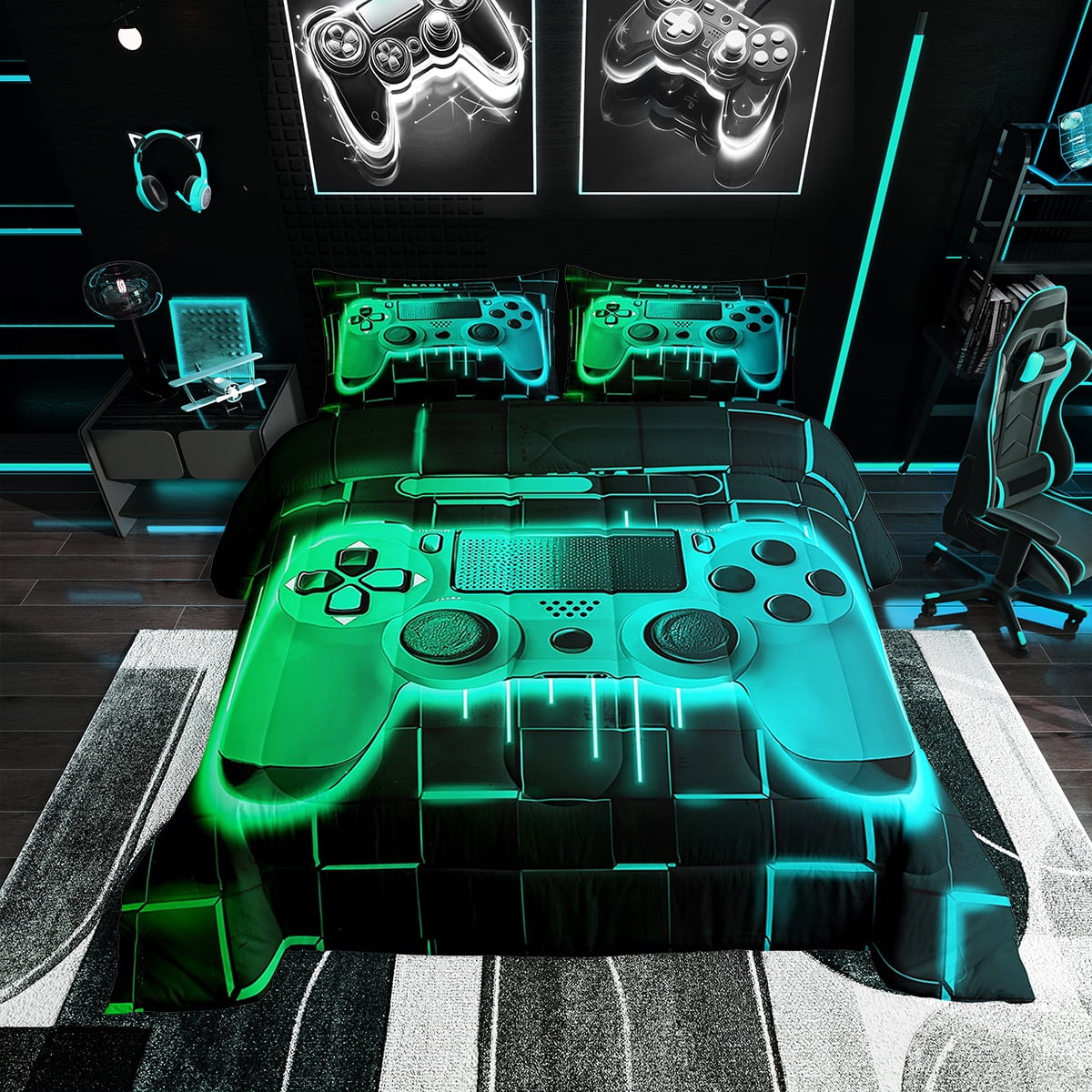 Green Teal Gaming King Size Comforter Set - Gamer Comforter Bedding ...