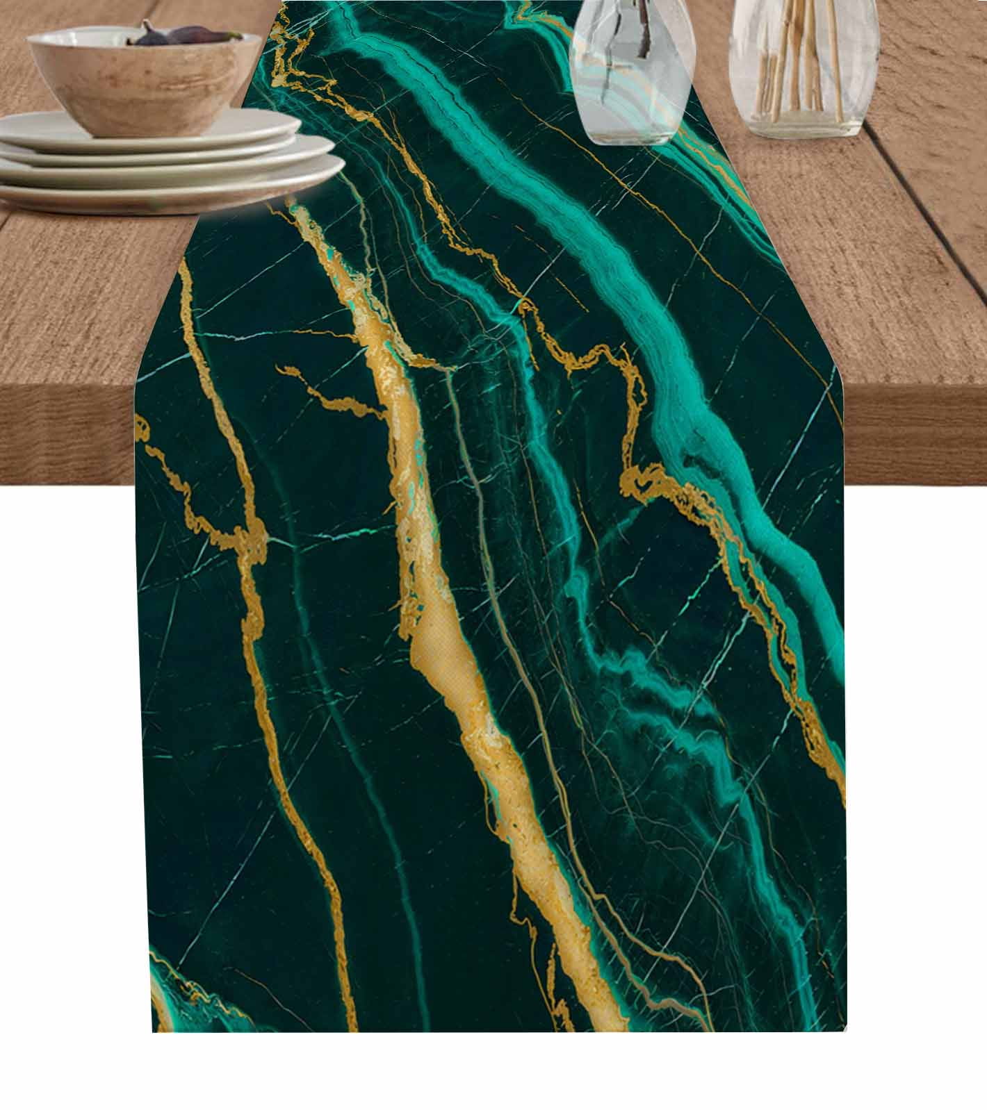 Green Teal Marble Table Runner Golden Gradient Abstract Texture ...