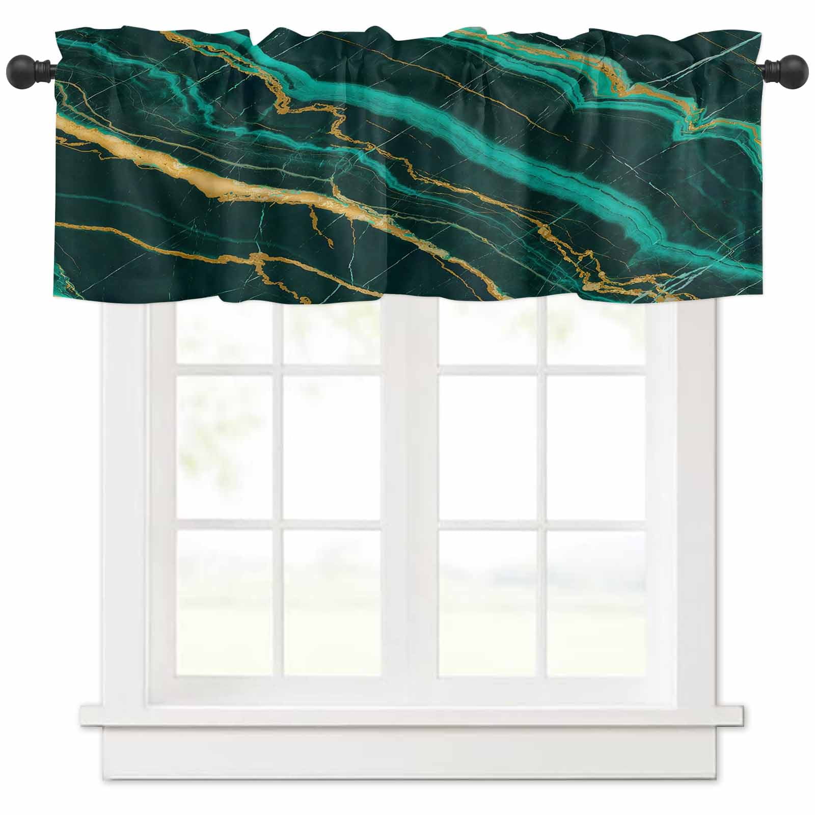 Green Teal Marble Valances for Windows Farmhouse Kitchen Curtains ...