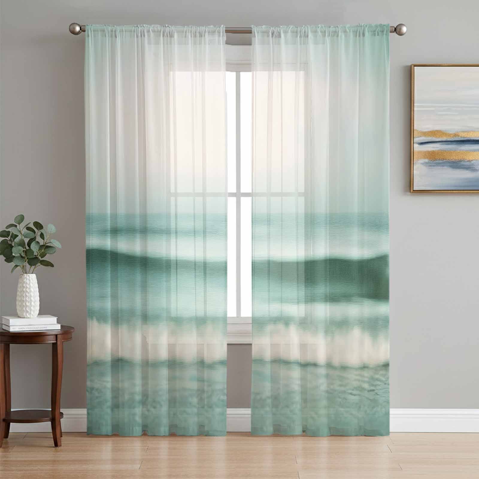 Green Teal Ocean Waves Sheer Curtains 72 Inch Length 2 Panels Set ...